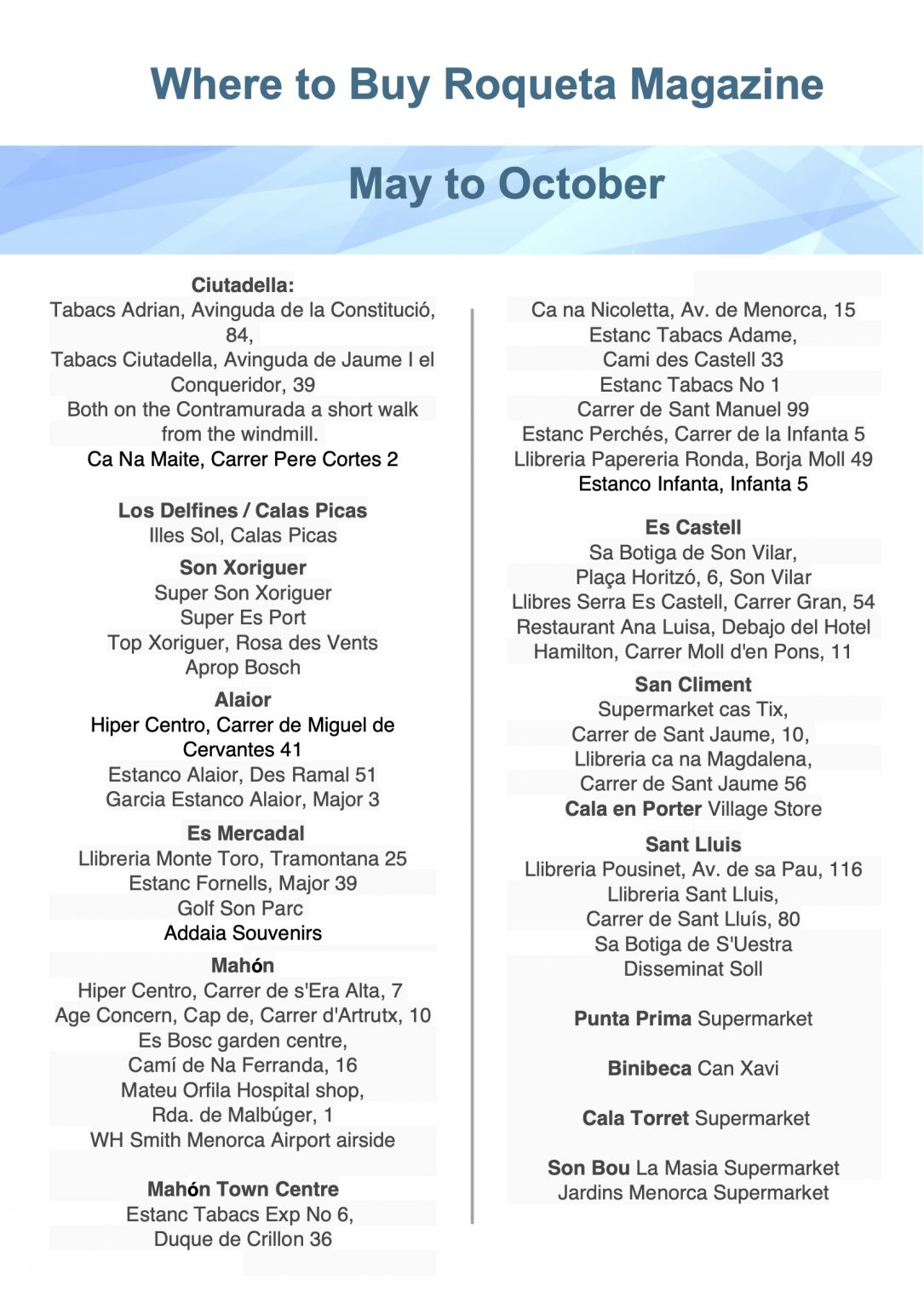 ROQUETA Menorca's English Language Magazine | Buy in Shops, download or ...